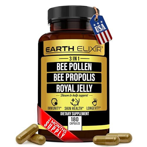 Earth Elixir 3-in-1 Bee Pollen Organic 840mg (180 Caps) W/ 840mg Bee Propolis Capsule & 840mg Royal Jelly Capsule - 3rd Party Tested - Bee Pollen Supplement - Organic Bee Pollen Capsule -No Fillers