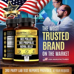 Earth Elixir 3-in-1 Bee Pollen Organic 840mg (180 Caps) W/ 840mg Bee Propolis Capsule & 840mg Royal Jelly Capsule - 3rd Party Tested - Bee Pollen Supplement - Organic Bee Pollen Capsule -No Fillers