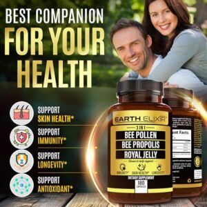 Earth Elixir 3-in-1 Bee Pollen Organic 840mg (180 Caps) W/ 840mg Bee Propolis Capsule & 840mg Royal Jelly Capsule - 3rd Party Tested - Bee Pollen Supplement - Organic Bee Pollen Capsule -No Fillers