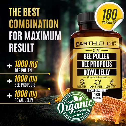 Earth Elixir 3-in-1 Bee Pollen Organic 840mg (180 Caps) W/ 840mg Bee Propolis Capsule & 840mg Royal Jelly Capsule - 3rd Party Tested - Bee Pollen Supplement - Organic Bee Pollen Capsule -No Fillers