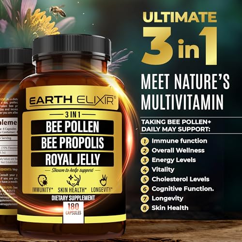 Earth Elixir 3-in-1 Bee Pollen Organic 840mg (180 Caps) W/ 840mg Bee Propolis Capsule & 840mg Royal Jelly Capsule - 3rd Party Tested - Bee Pollen Supplement - Organic Bee Pollen Capsule -No Fillers