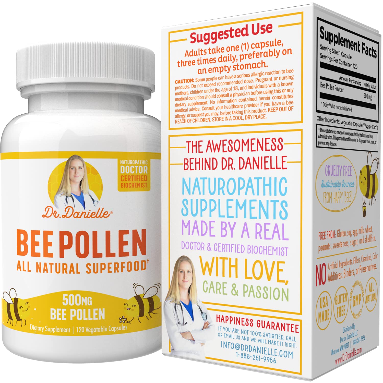 Bee Pollen from Dr. Danielle, Natural Bee Pollen Supplement, 500mg, 120 Veggie Capsules