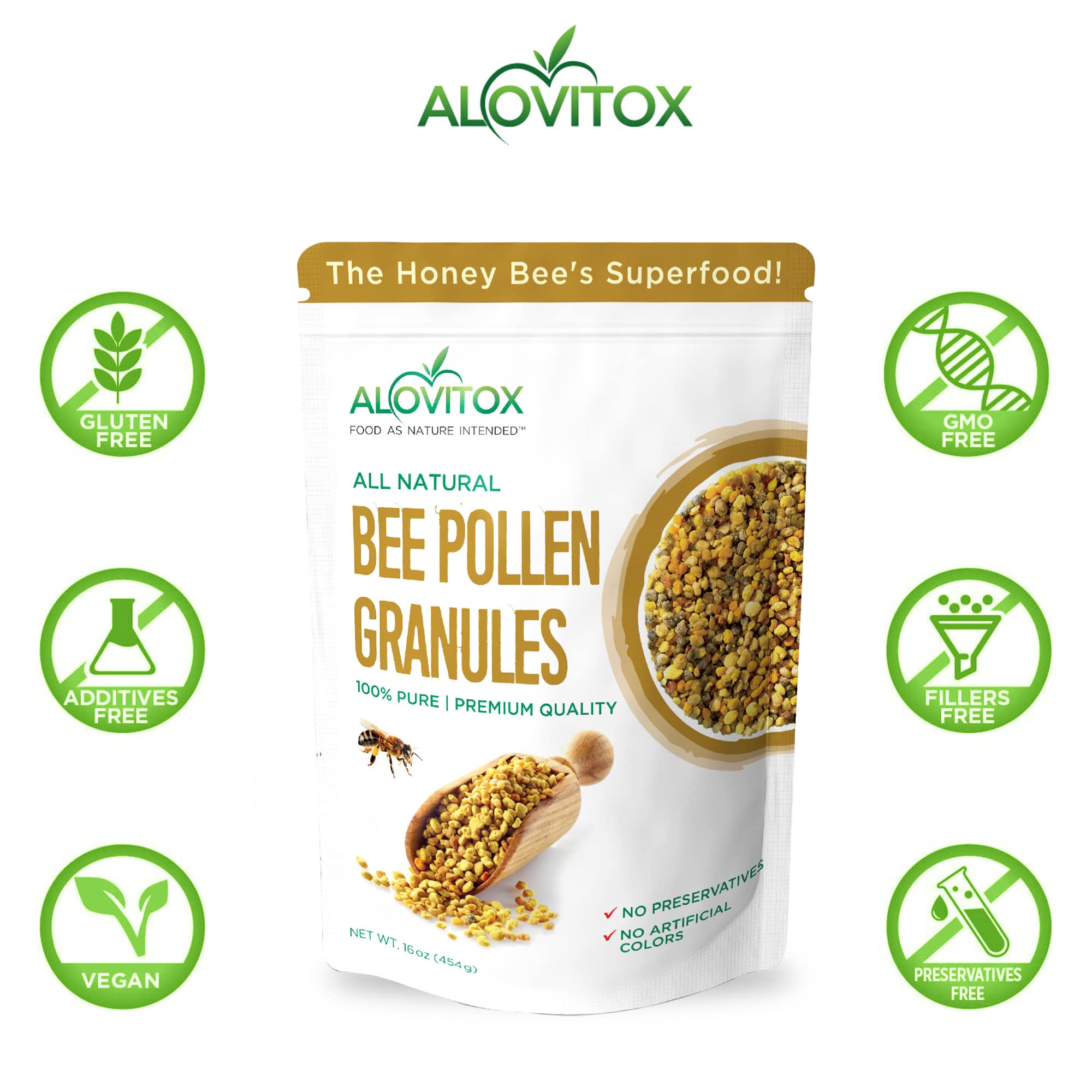 Alovitox Bee Pollen Granules 16 Oz | 100% Pure, Fresh Raw Bee Pollen | Superfood Packed Bee Pollen with Antioxidant, Protein, Vitamins & More | Nutritional Yeast & Gluten Free