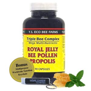 ys organics triple bee complex, royal jelly, bee pollen, propolis - the power of nature packed in 90 capsules with bonus worldwidenutrition multi purpose key chain