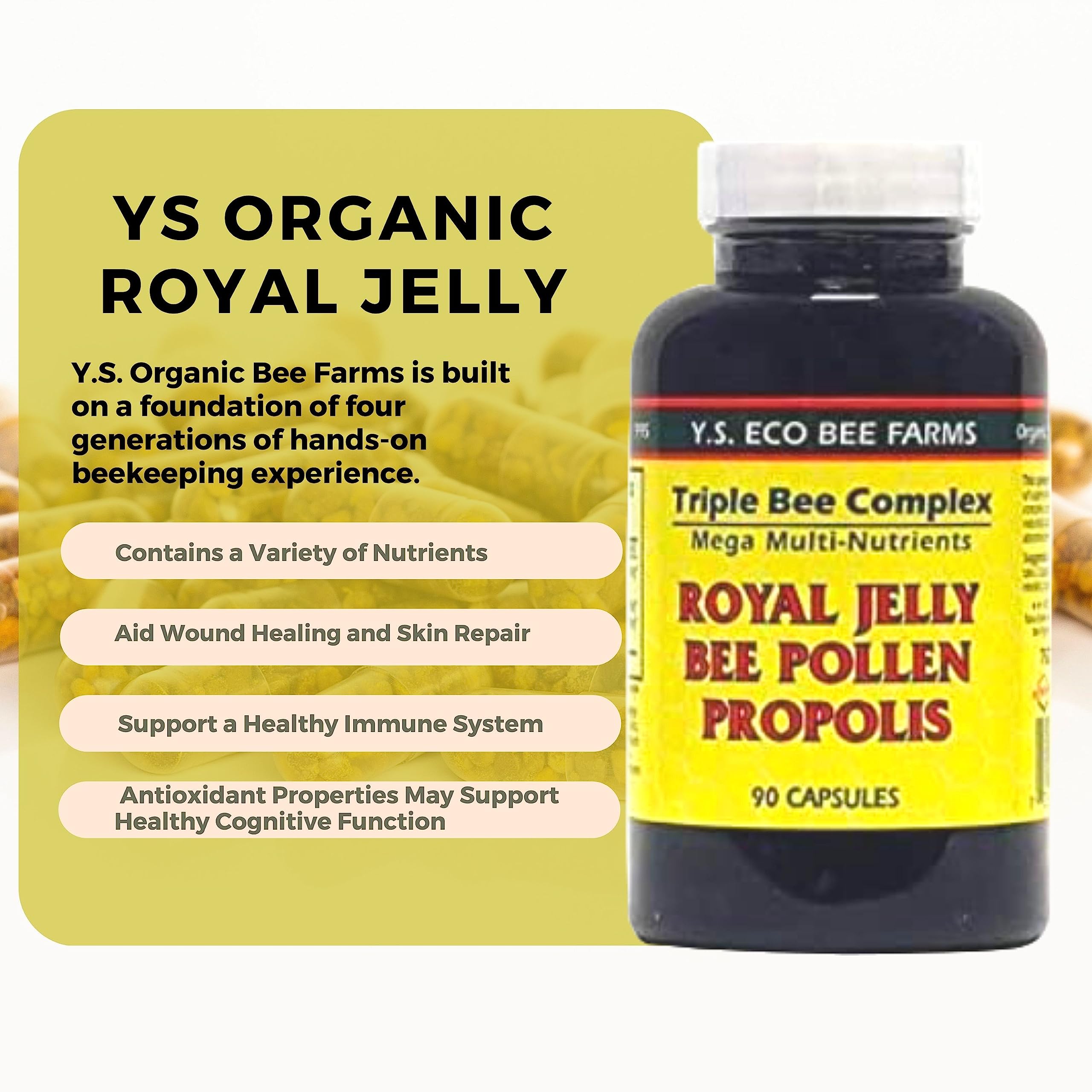 YS Organics Triple Bee Complex, Royal Jelly, Bee Pollen, Propolis - The Power of Nature Packed in 90 Capsules with Bonus worldwidenutrition Multi Purpose Key Chain