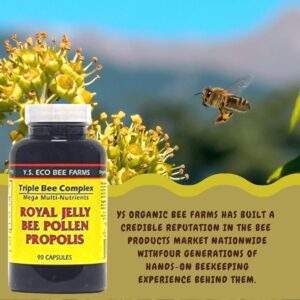 YS Organics Triple Bee Complex, Royal Jelly, Bee Pollen, Propolis - The Power of Nature Packed in 90 Capsules with Bonus worldwidenutrition Multi Purpose Key Chain