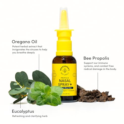 Beekeeper's Naturals Propolis Nasal Rinse Spray Max, Relief for Adults w/Eucalyptus, Oregano & Saline, Clears Nasal Congestion, Moisturizes Sinus Canal, & Decongest Sinus Cavities, 1 fl oz