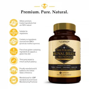 Immune Boosting Royal Jelly (4 Bottles) Supplement with Bee Pollen & Propolis | All Natural, High Potency Superfood for Energy, Clear Skin | 90 Pure, Non-GMO, Gluten Free Vegetarian Caps Each