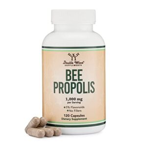 bee propolis capsules 1,000mg servings, 120 count (most potent propolis extract std. to 5% flavonoids) no fillers, vegan safe, non-gmo, gluten free (immune support supplement) by double wood