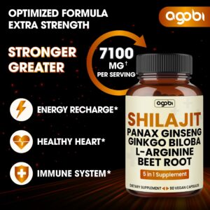 7100mg Shilajit Supplement - 90 Capsules - Support for Energy Production, Concentration, Brain Health & Extra Strength - Combined with Panax Ginseng Root, Beet Root & More - Gluten-free, Non-GMO