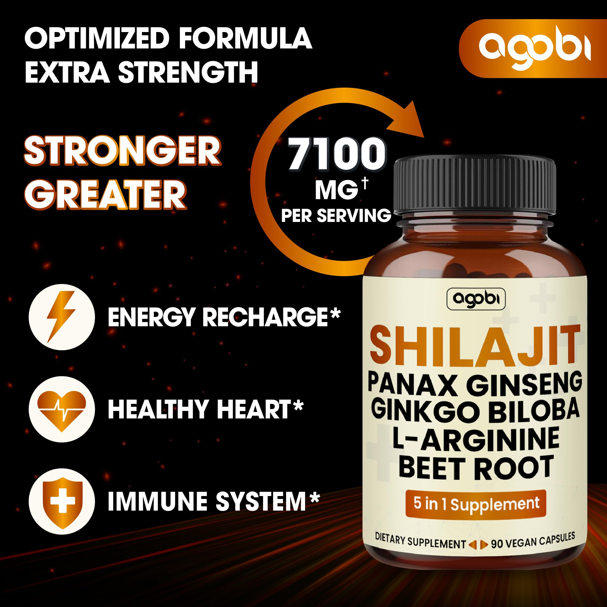 7100mg Shilajit Supplement - 90 Capsules - Support for Energy Production, Concentration, Brain Health & Extra Strength - Combined with Panax Ginseng Root, Beet Root & More - Gluten-free, Non-GMO