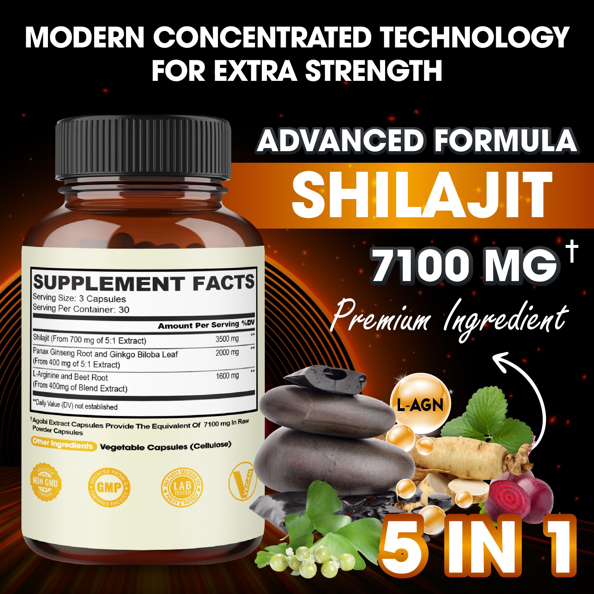 7100mg Shilajit Supplement - 90 Capsules - Support for Energy Production, Concentration, Brain Health & Extra Strength - Combined with Panax Ginseng Root, Beet Root & More - Gluten-free, Non-GMO