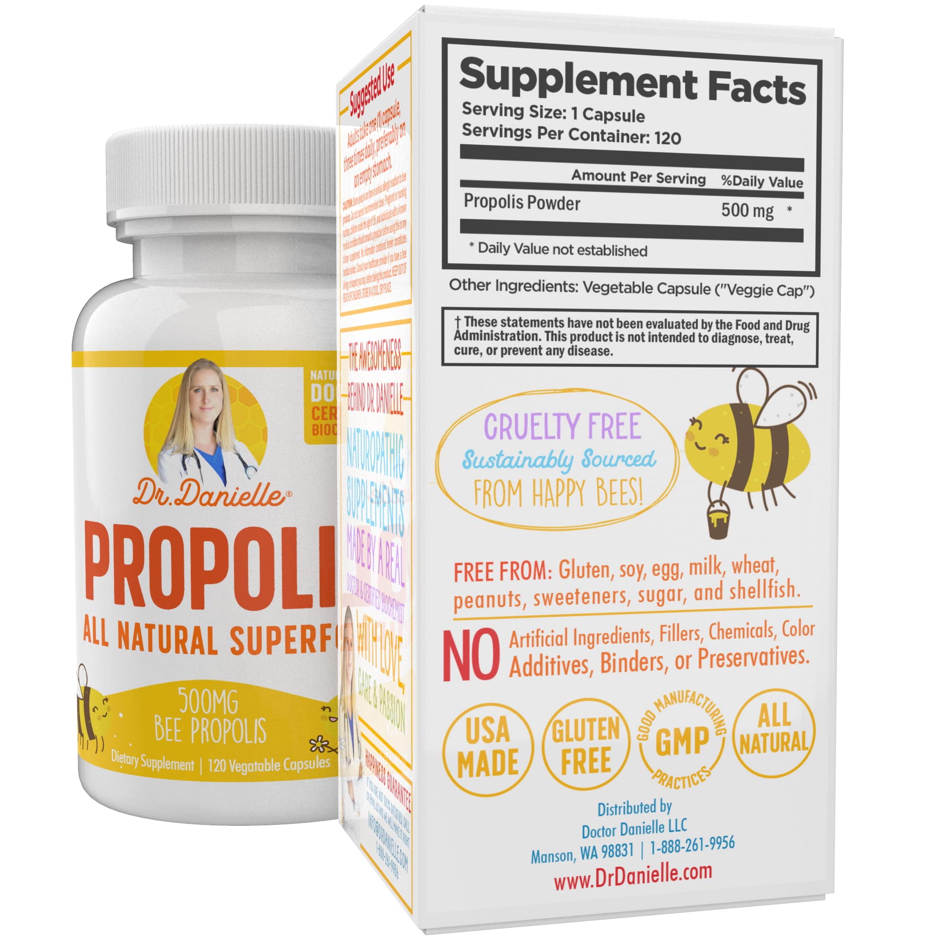 Bee Propolis from Dr. Danielle, Best Bee Propolis Supplement, 500mg 120 Capsules