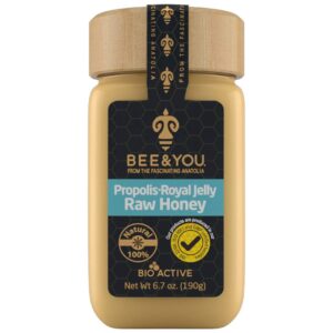 bee and you royal jelly raw honey, propolis extract, 100% natural superfood, ultra pure, immune support supplement, antioxidants, keto, paleo, gluten-free, 6.7 oz