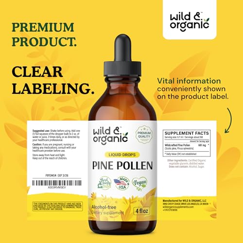 Pine Pollen Tincture - Organic Pine Pollen Powder Liquid Drops - Vegan, Alcohol Free Supplement - for Men & Women 4 Fl Oz