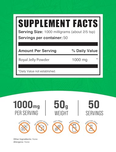 BulkSupplements.com Royal Jelly Powder - Royal Jelly Supplement, Royal Jelly 1000mg - for Immune Support, Gluten Free, 1000mg per Serving, 50g (1.8 oz) (Pack of 1)