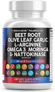 beet root capsules 6000mg olive leaf 6000mg nattokinase 4000 fu garlic extract 2000mg l-arginine 400mg omega 3 red yeast rice hibiscus danshen - healthy support supplement - 90 ct