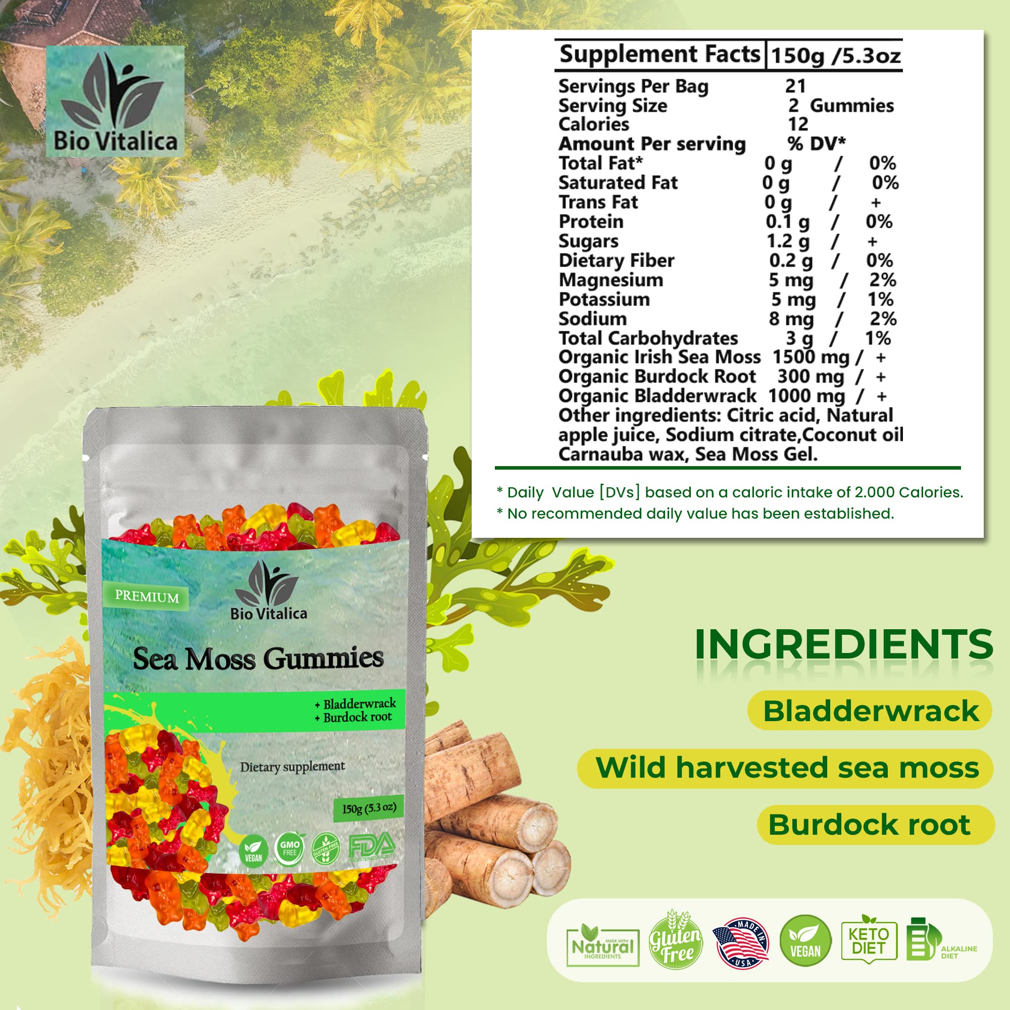 Sea Moss Gummies - Irish sea Moss raw Organic, Bladderwrack, Burdock Root. Contains Sea Moss Gel and Powder. Superfoods for Vegan, Keto and Dr Sebi Diet. Immune Boosting (1, ORIGINAL)