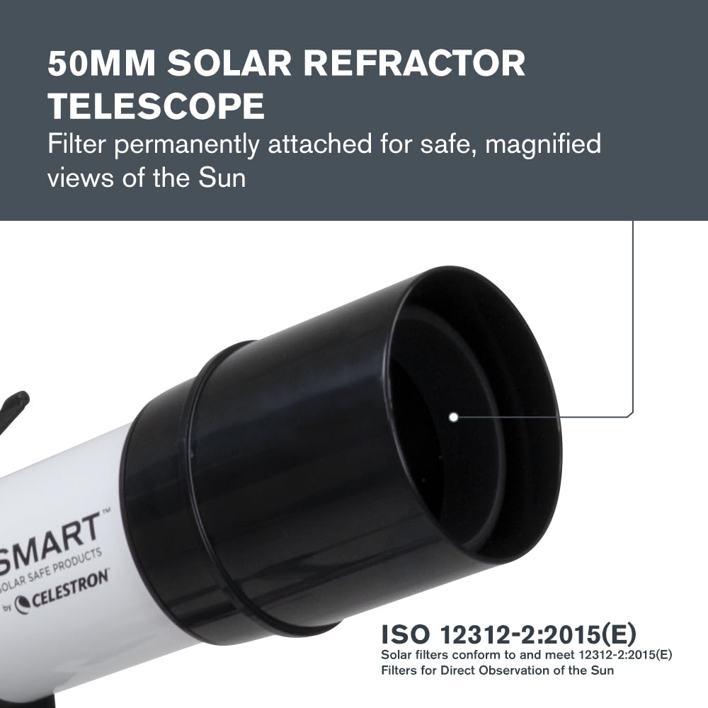 Celestron – EclipSmart Safe Solar Eclipse Telescope – 50MM Refractor – Meets ISO 12312-2:2015(E) Standards – Observe Solar Eclipses & Sunspots – Permanently Attached Solar Safe Filter & Finderscope