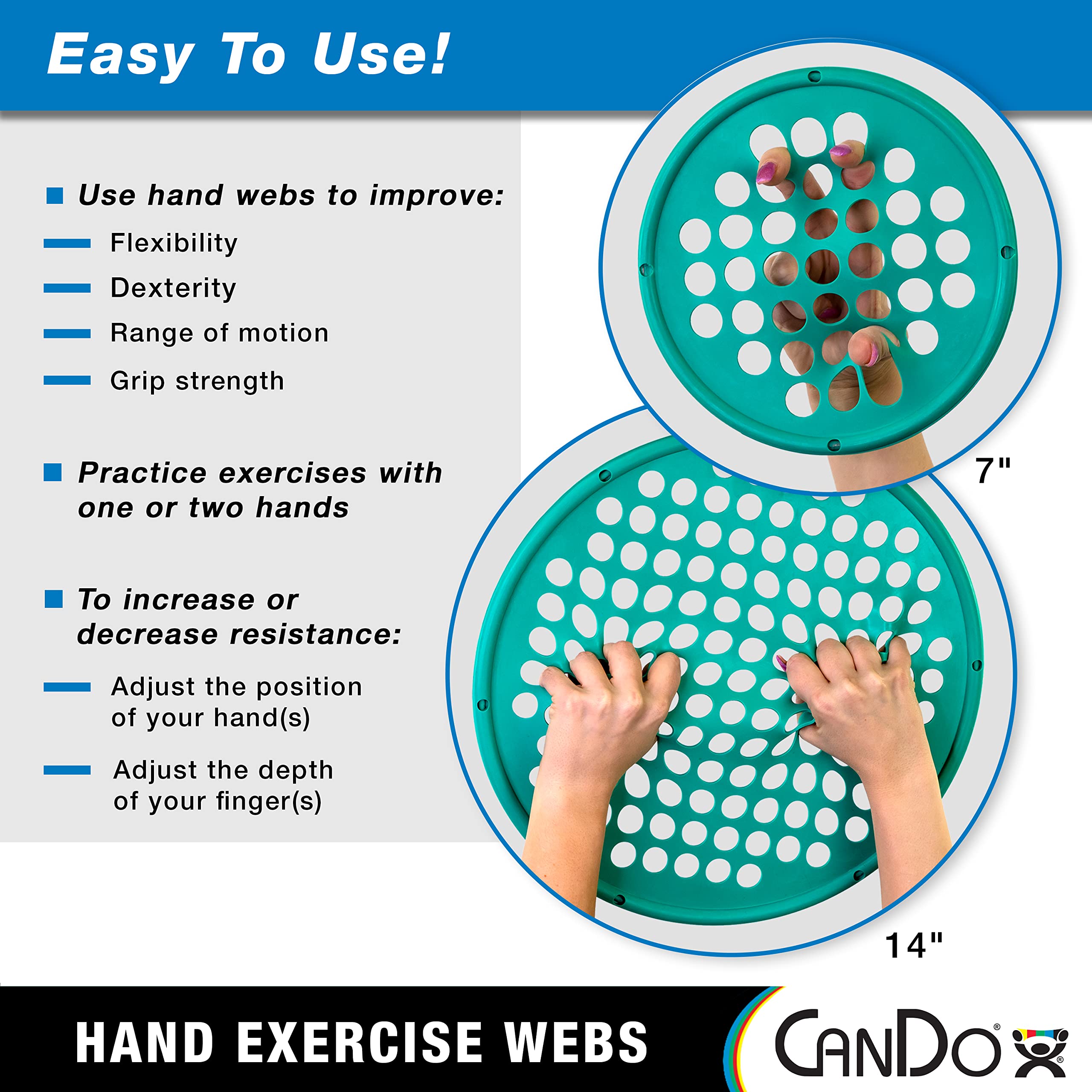 CanDo Hand Exercise Webs for Physical Therapy, Grip Strengthening, and Hand, Finger, Wrist Resistance Workouts, Portable Size, Low Powder, 14" Diameter, Green: Medium