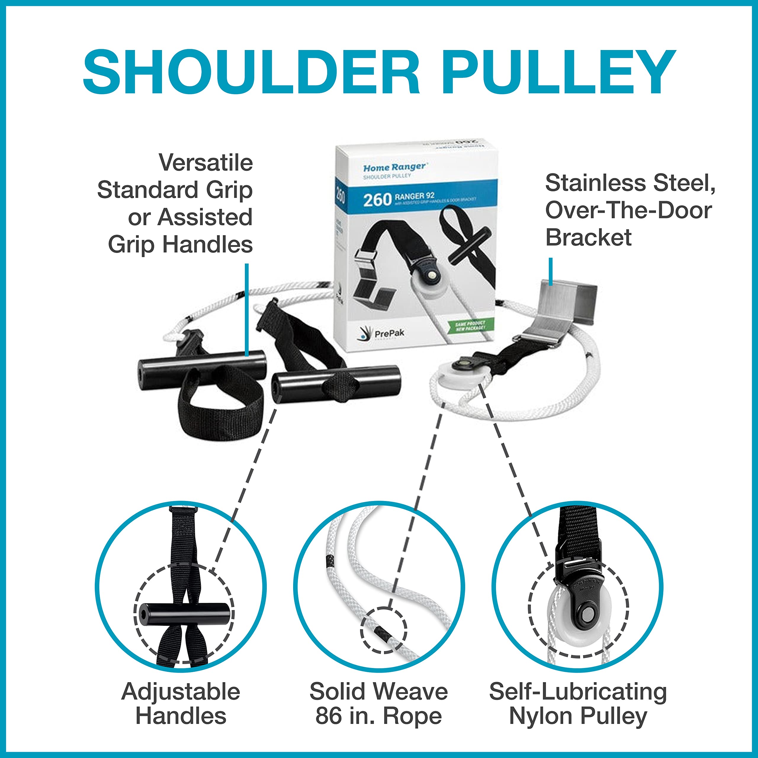 Home Ranger-Premium Shoulder Pulley System - Home Ranger-92, Model 260 - Modified Version with Assisted-grip Handles and Stainless Steel Over-The-Door Bracket Attachment - Easy Set-up, Range of Motion