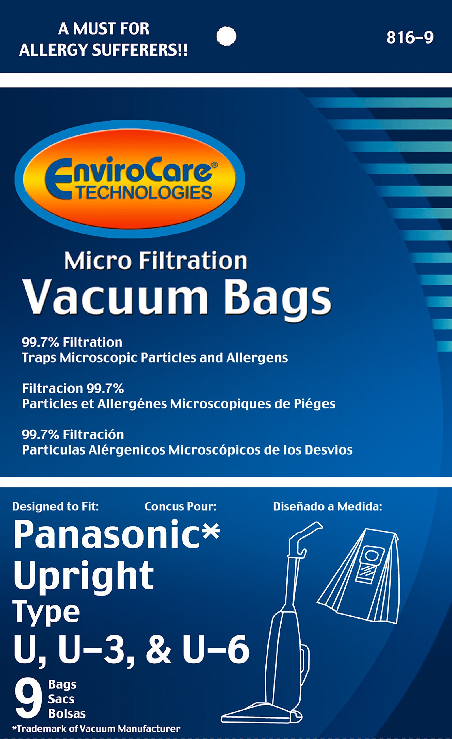 EnviroCare Replacement Micro Filtration Vacuum Cleaner Dust Bags Made to Fit Panasonic Types U, U-3, U-6-9 Pack