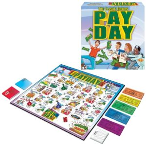 the game of pay day with popular 1970's artwork by winning moves games usa, where players make and spend money for fun, for 2-4 players, ages 8+