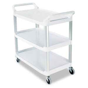 rubbermaid commercial products heavy duty 3-shelf rolling service/utility/push cart, 300 lbs. capacity, white, for foodservice/restaurant/cleaning (fg409100owht)