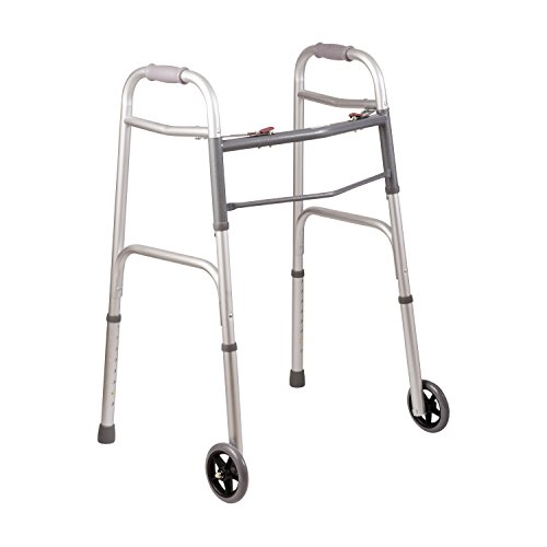 DMI Lightweight Aluminum Folding Walker with Easy Two Button Release, 5 Inch Wheels, Adjustable Height, No Assembly Needed, Silver