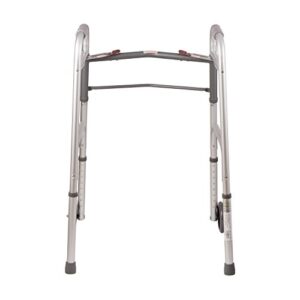 DMI Lightweight Aluminum Folding Walker with Easy Two Button Release, 5 Inch Wheels, Adjustable Height, No Assembly Needed, Silver