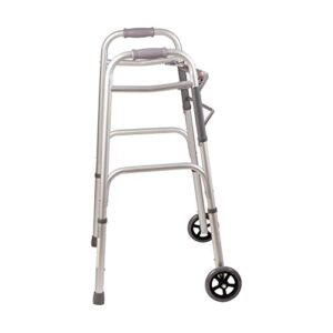 DMI Lightweight Aluminum Folding Walker with Easy Two Button Release, 5 Inch Wheels, Adjustable Height, No Assembly Needed, Silver