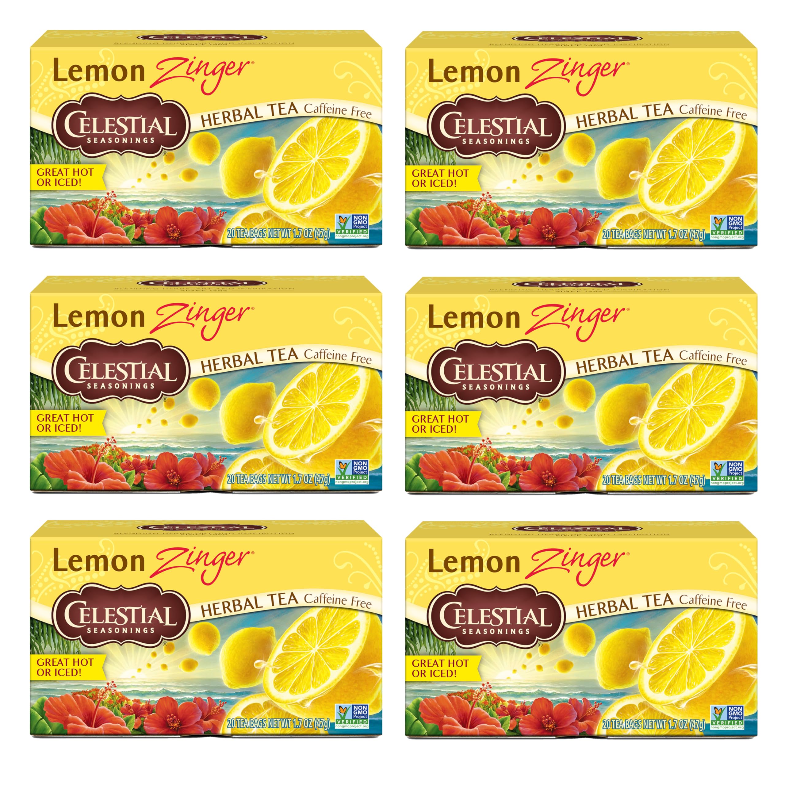 Celestial Seasonings Lemon Zinger Herbal Tea, Caffeine Free, 20 Tea Bags Box, (Pack of 6)