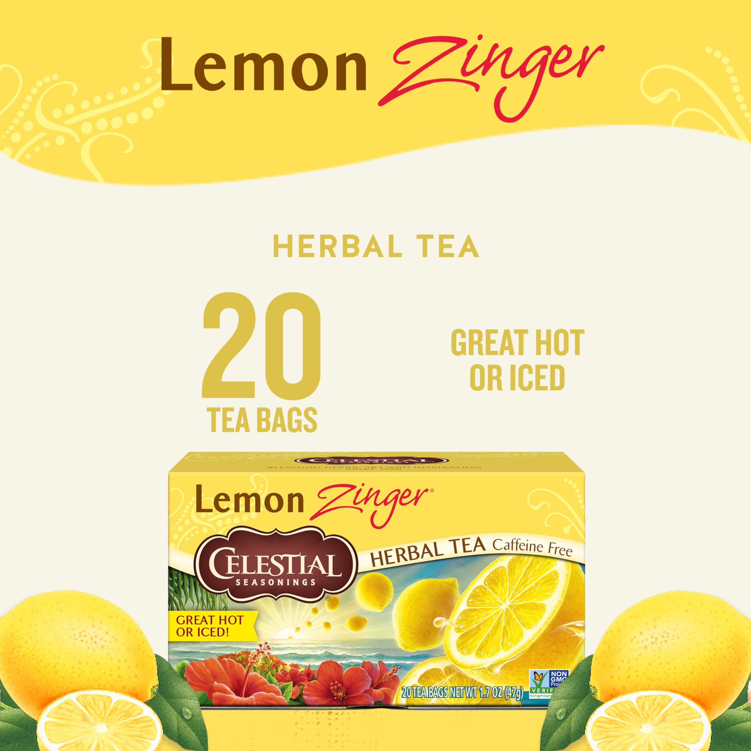 Celestial Seasonings Lemon Zinger Herbal Tea, Caffeine Free, 20 Tea Bags Box, (Pack of 6)