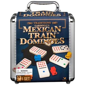 mexican train dominoes set tile board game in aluminum carry case games with colorful trains for family game night, for adults and kids ages 8 and up