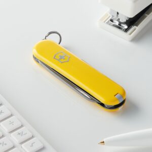 Victorinox Classic SD Swiss Army Knife, Compact 7 Function Swiss Made Pocket Knife with Small Blade, Screwdriver and Key Ring - Sunny Side (Yellow)