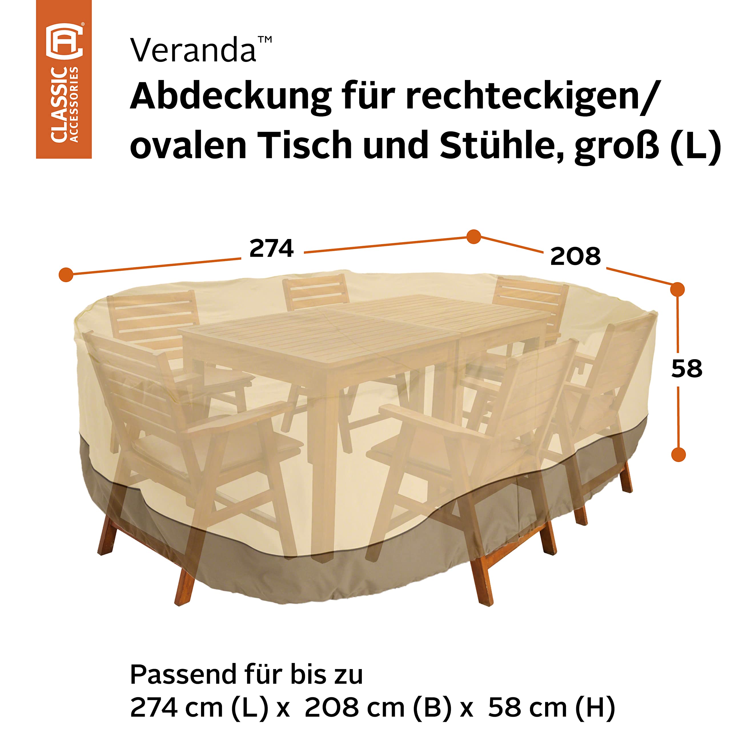 Classic Accessories Veranda Water-Resistant 108 Inch Rectangular/Oval Patio Table & Chair Set Cover, Outdoor Table Cover