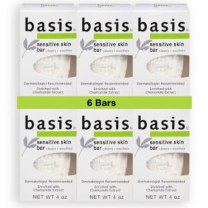 basis sensitive skin bar soap for body, hands and face, unscented soap bar for sensitive skin with chamomile and aloe vera, bar soap bulk pack, 4 oz bar, pack of 6