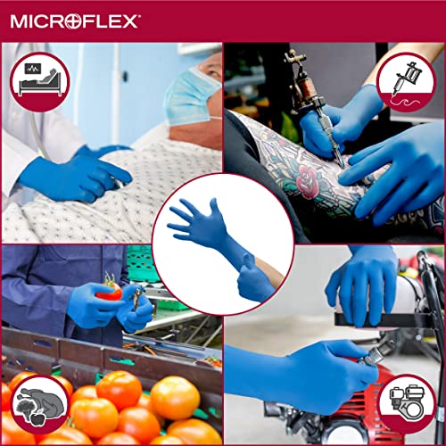 Microflex SG-375 Disposable Latex Gloves Medical / Exam Grade, Long Cuff, Thick Powder Free Glove in Natural Rubber for Cleaning, Sanitary or Mechanic Tasks, Blue, Size Medium, Box of 50 Units