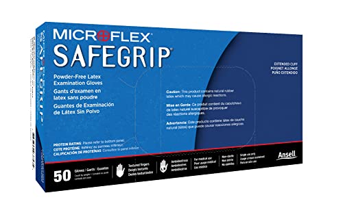 Microflex SG-375 Disposable Latex Gloves Medical / Exam Grade, Long Cuff, Thick Powder Free Glove in Natural Rubber for Cleaning, Sanitary or Mechanic Tasks, Blue, Size Medium, Box of 50 Units