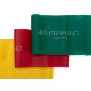 theraband resistance band set, professional elastic bands for upper & lower body, core exercise, physical therapy, lower pilates, at-home workouts, & rehab, 5 foot, yellow, red & green, beginner