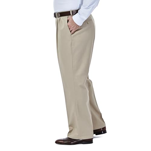 Haggar mens Work To Weekend Khaki Classic Fit No Iron Hidden Expandable Waistband Pleated Front Pant, Khaki, 38x32