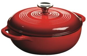 lodge 3 quart enameled cast iron dutch oven with lid – dual handles – oven safe up to 500° f or on stovetop - use to marinate, cook, bake, refrigerate and serve – island spice red