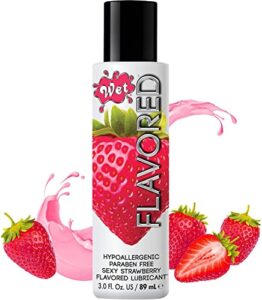 wet water-based flavored lube for men, women & couples, 3 fl oz (sexy strawberry) - long-lasting premium personal lubricant safe to use with latex condoms - gluten free & sugar free