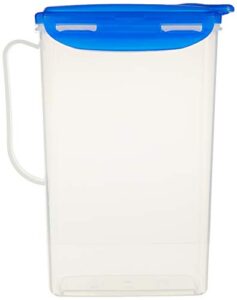 locknlock aqua fridge door water jug with handle bpa free plastic pitcher with flip top lid perfect for making teas and juices, 2 qt, blue