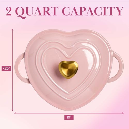 Paris Hilton Enameled Cast Iron Dutch Oven Heart-Shaped Pot with Lid, Dual Handles, Works on All Stovetops, Oven Safe to 500°F, 2-Quart, Pink