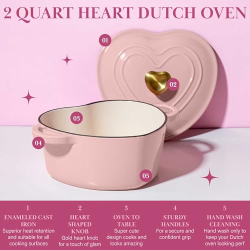 Paris Hilton Enameled Cast Iron Dutch Oven Heart-Shaped Pot with Lid, Dual Handles, Works on All Stovetops, Oven Safe to 500°F, 2-Quart, Pink