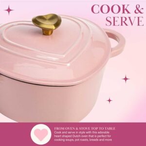 Paris Hilton Enameled Cast Iron Dutch Oven Heart-Shaped Pot with Lid, Dual Handles, Works on All Stovetops, Oven Safe to 500°F, 2-Quart, Pink