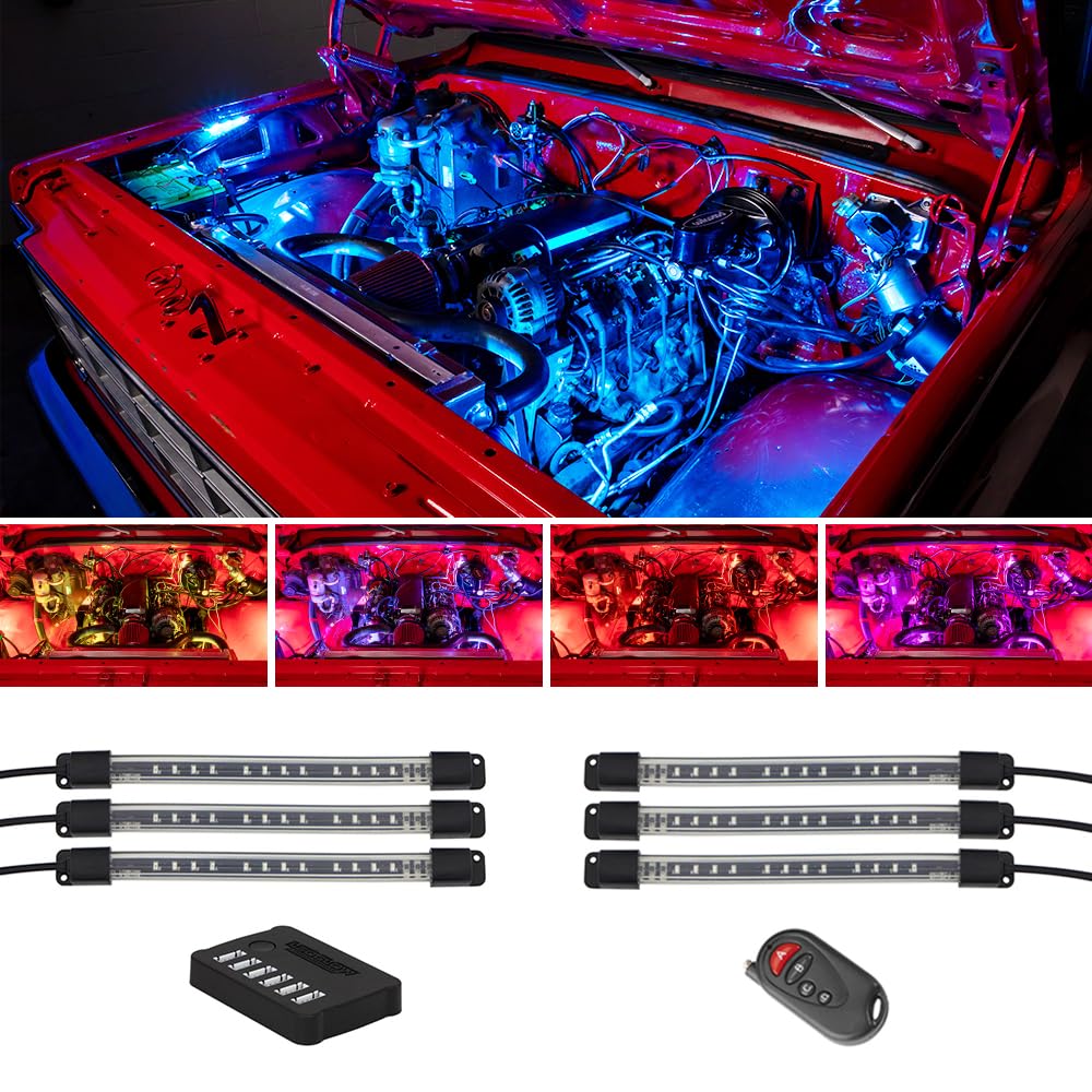 LEDGlow 6pc Million Color LED Engine Bay Under Hood Lighting Kit - 15 Solid Colors - 9 Patterns - 6" Multi-Color Flexible Tubes - Includes Control Box & Wireless Remote