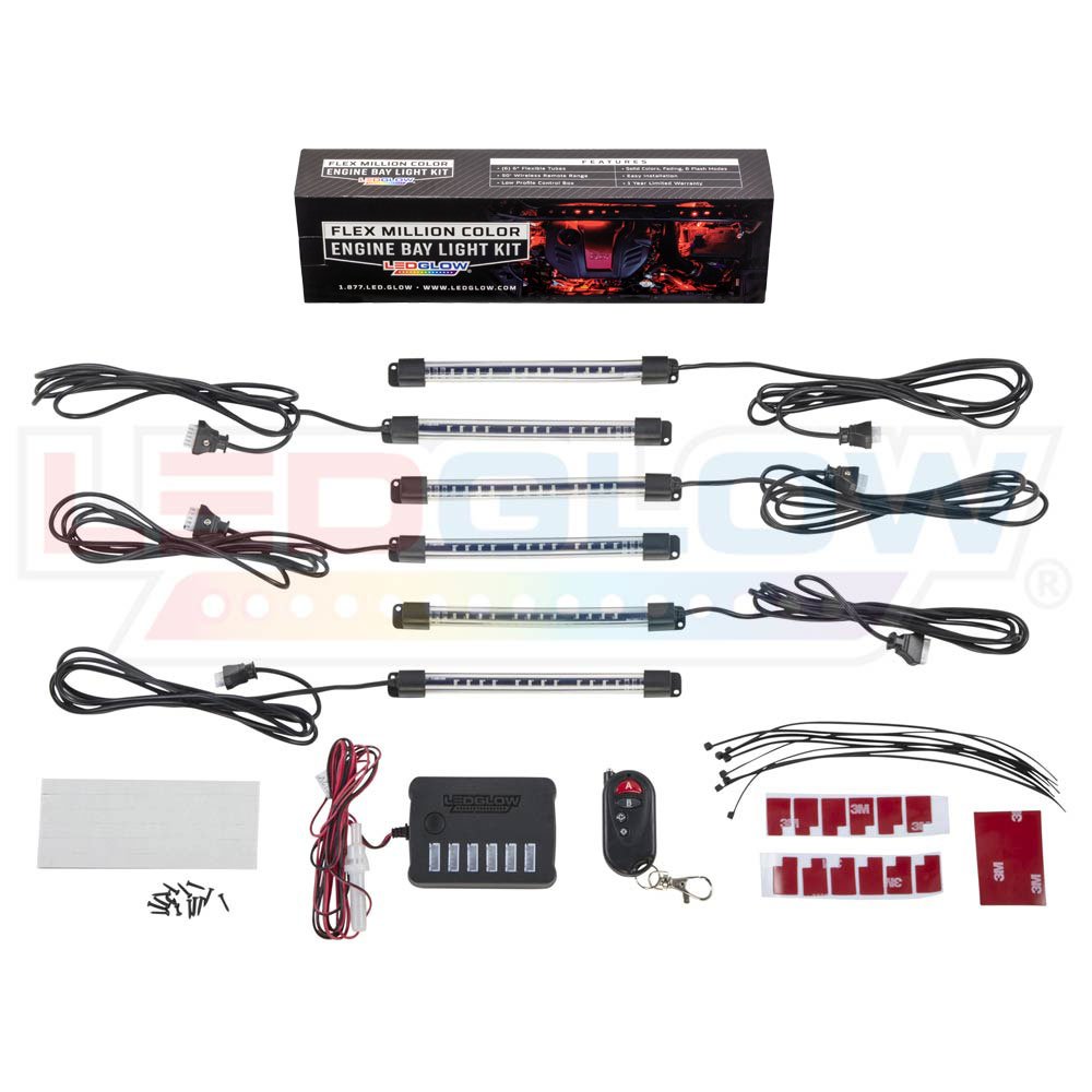 LEDGlow 6pc Million Color LED Engine Bay Under Hood Lighting Kit - 15 Solid Colors - 9 Patterns - 6" Multi-Color Flexible Tubes - Includes Control Box & Wireless Remote