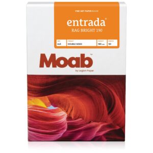 moab entrada rag bright 190, 100% cotton fine art archival inkjet paper, 2-sided, smooth (hotpress) bright white matte, medium weight 190gsm, 4 x 6 inches, 50 sheets